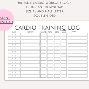 Printable Cardio Tracker, Double-sided Gym Fitness Log Sheet, Workout ...