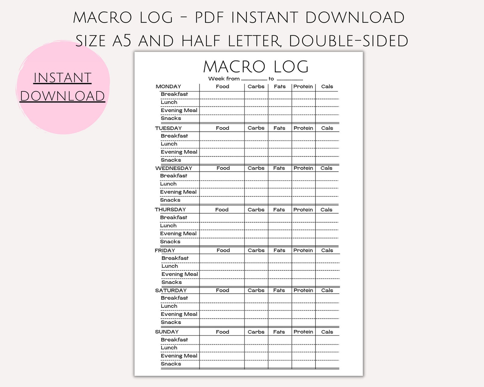 Printable Macro Tracker, Double-sided Macro Log Sheet, Food Health ...