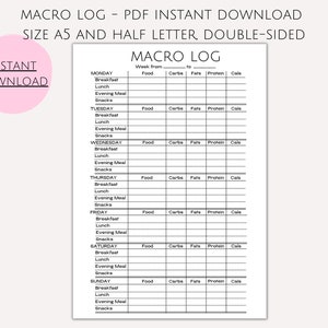 Printable Macro Tracker, Double-sided Macro Log Sheet, Food Health ...