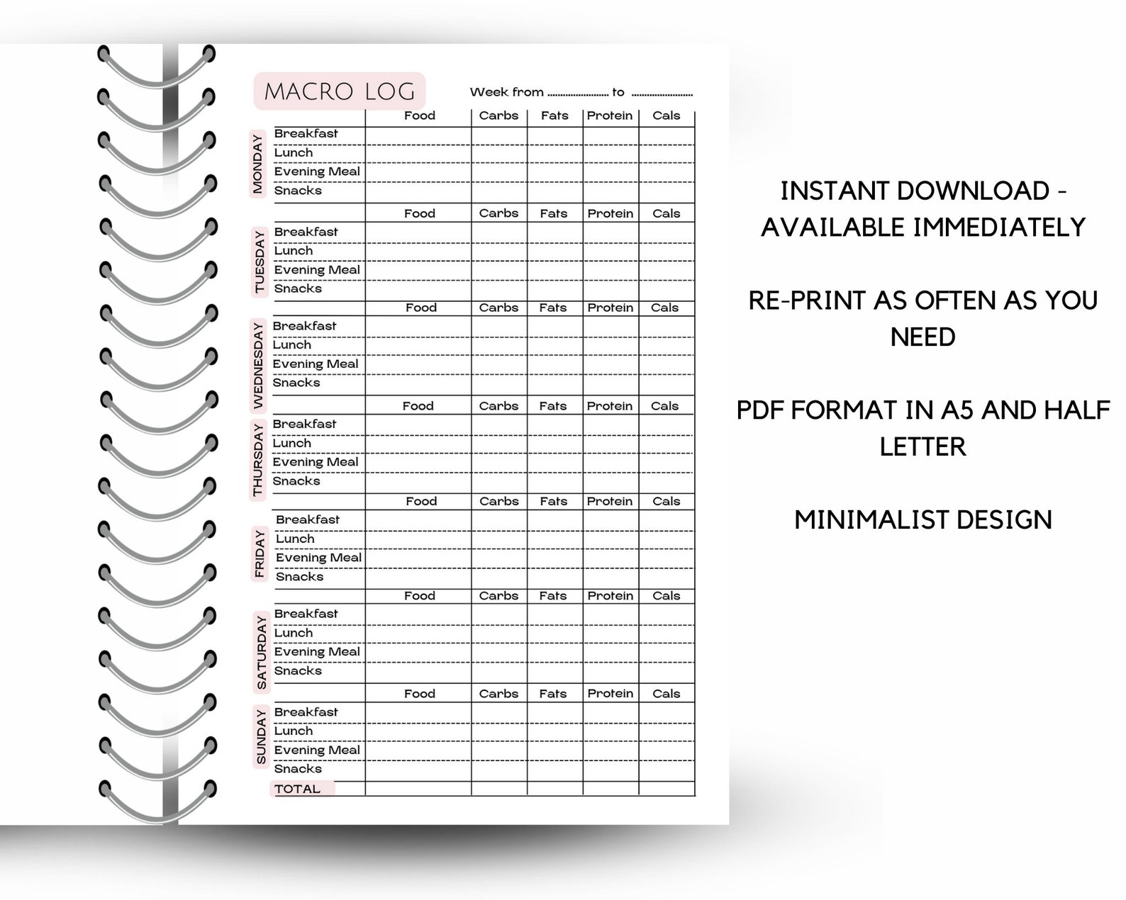 Macro Tracking Food Log, Printable Macro Tracker, Food Health Tracker ...