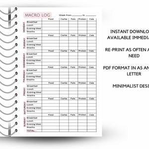 Macro Tracking Food Log, Printable Macro Tracker, Food Health Tracker ...