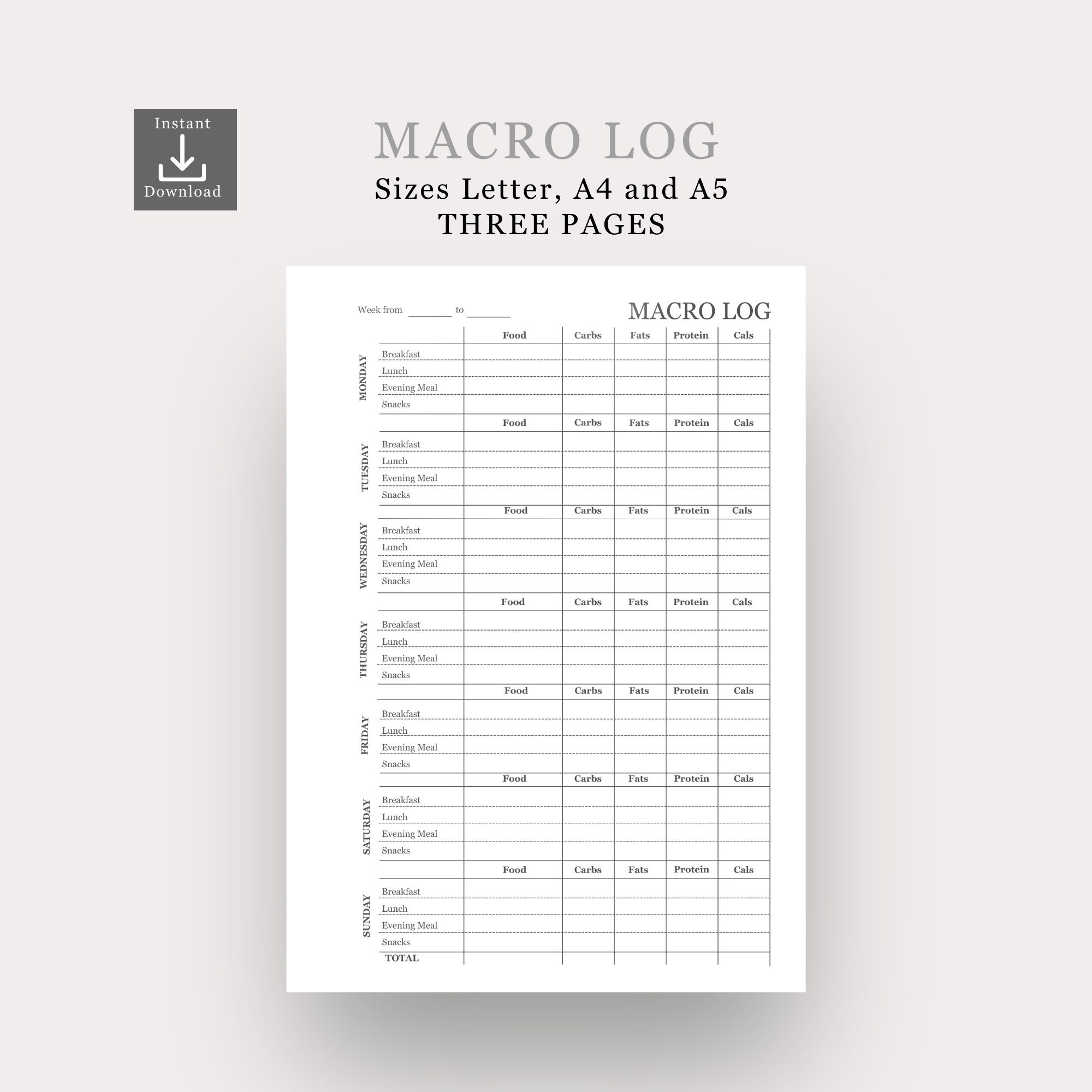 Printable Macro Tracker, Minimalist Macro Log Sheet, Meal Planner ...