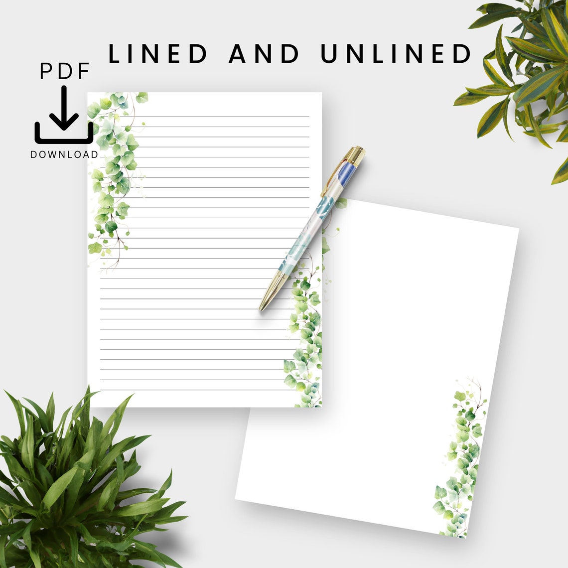 Printable Writing Paper Set, Stationery Printable, Paper Set, Greenery ...