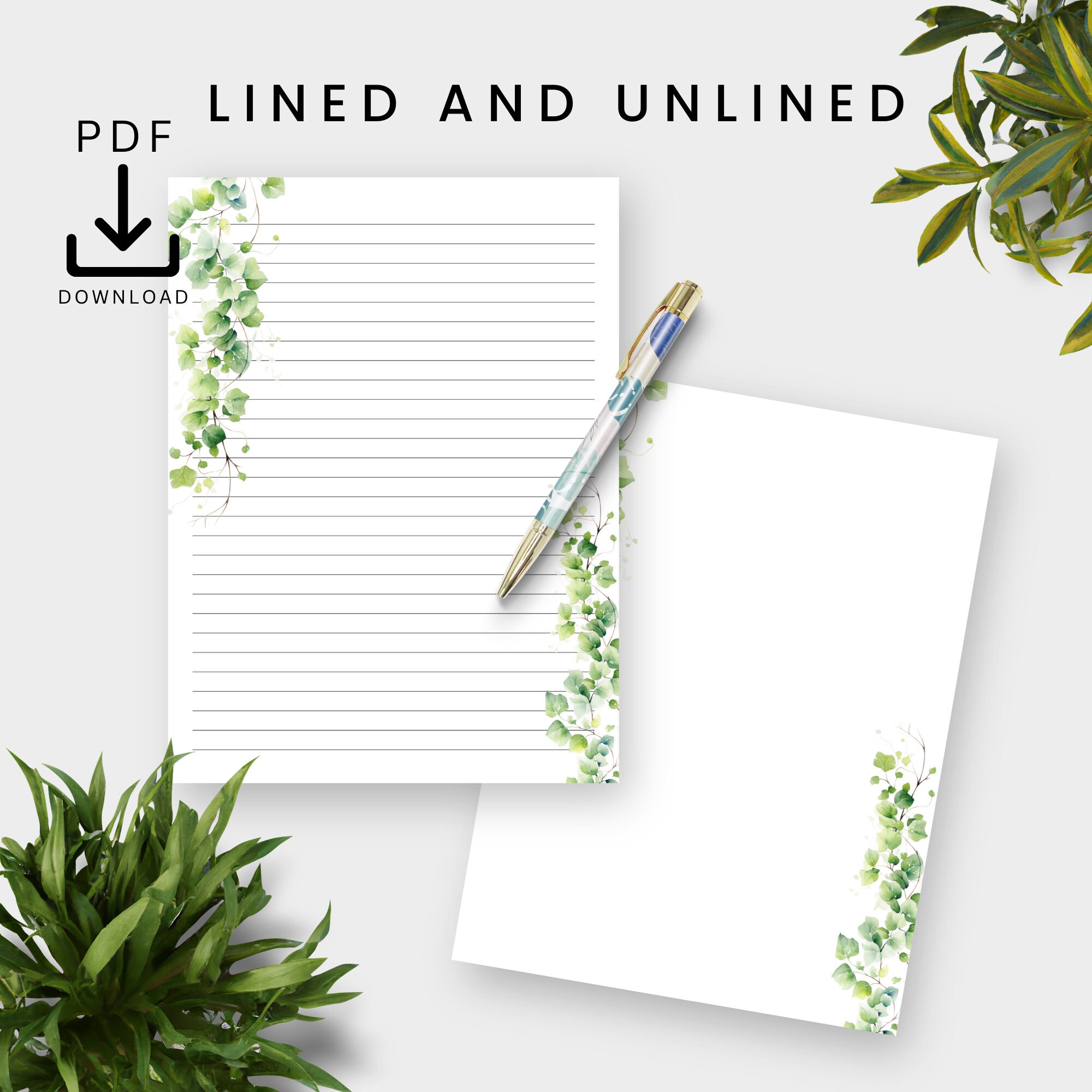 Printable Writing Paper Set, Stationery Printable, Paper Set, Greenery ...