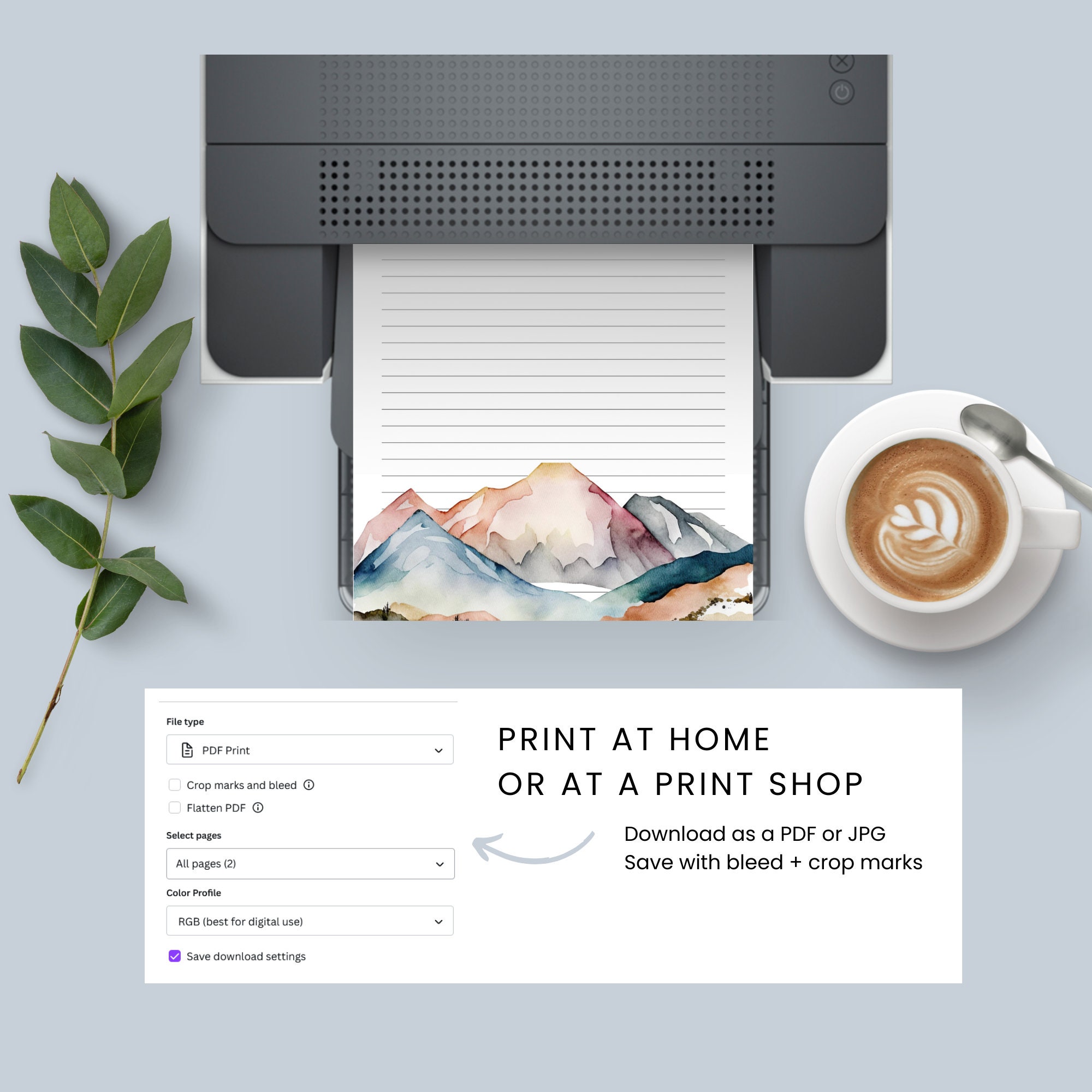 Printable Writing Paper Set, Stationery Printable, Paper Set, Hills and ...