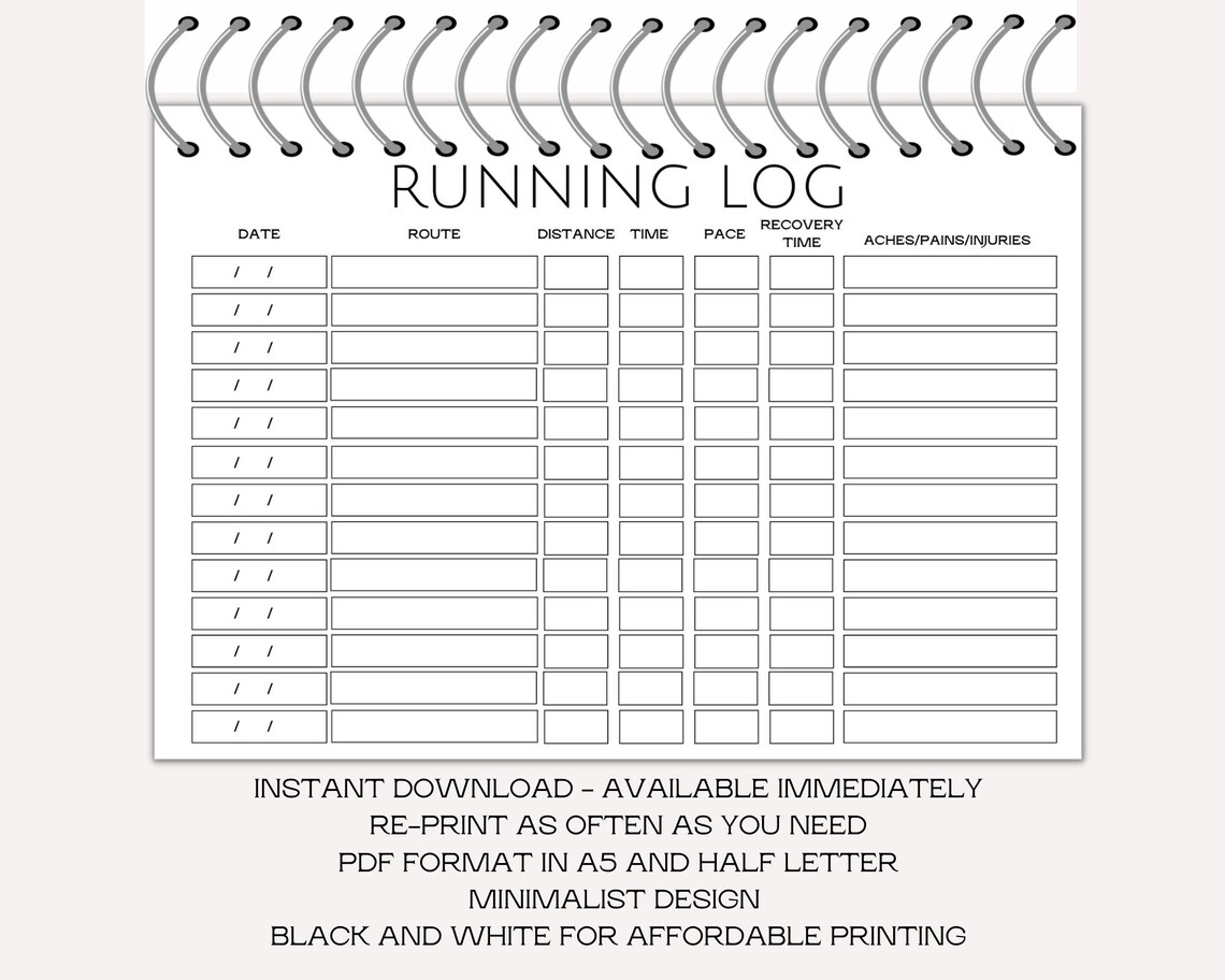 Running Log, Running Printable, Double-sided Exercise Tracker, Instant ...
