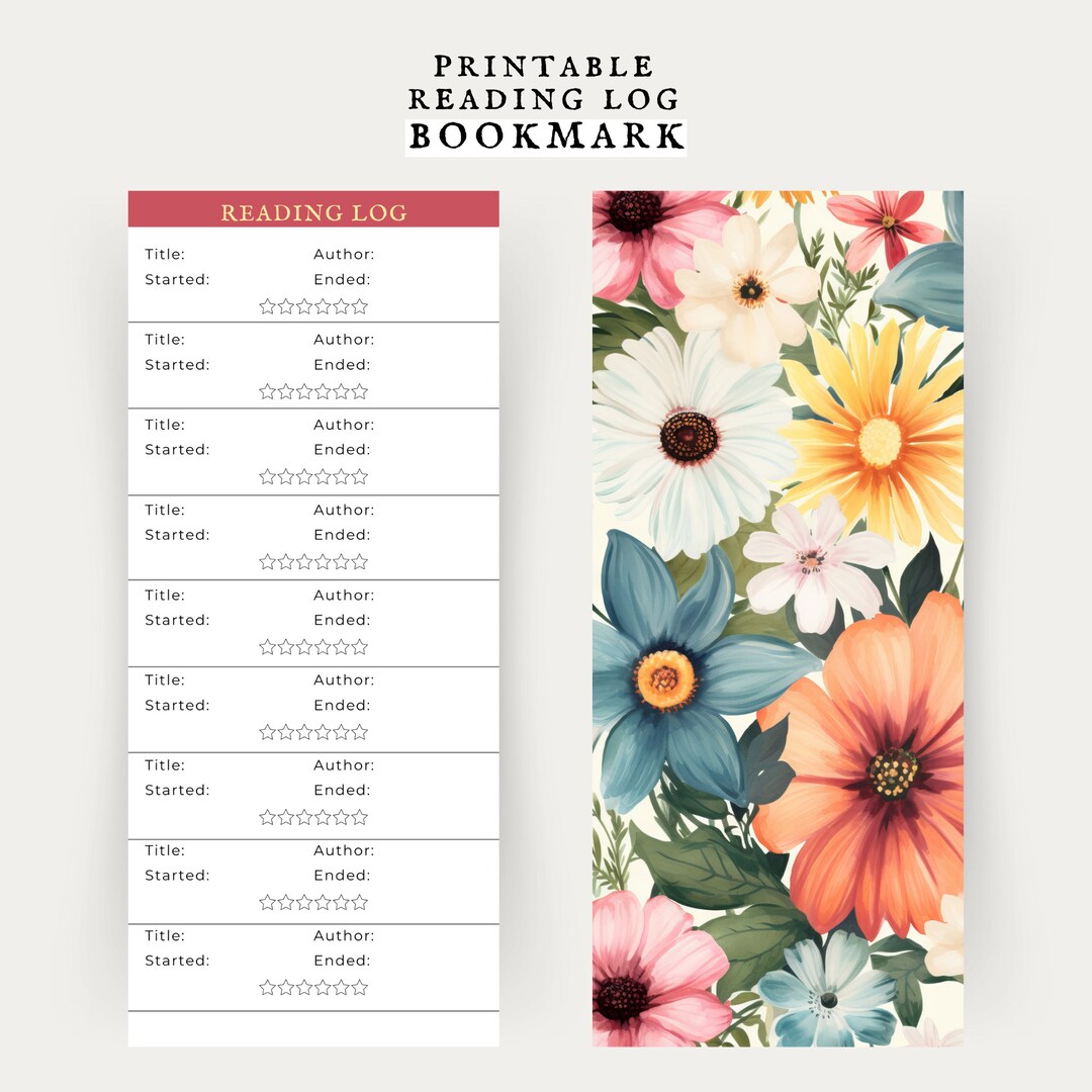 Printable Bookmark, Floral Reading Log, Library Card Book Mark, Book ...