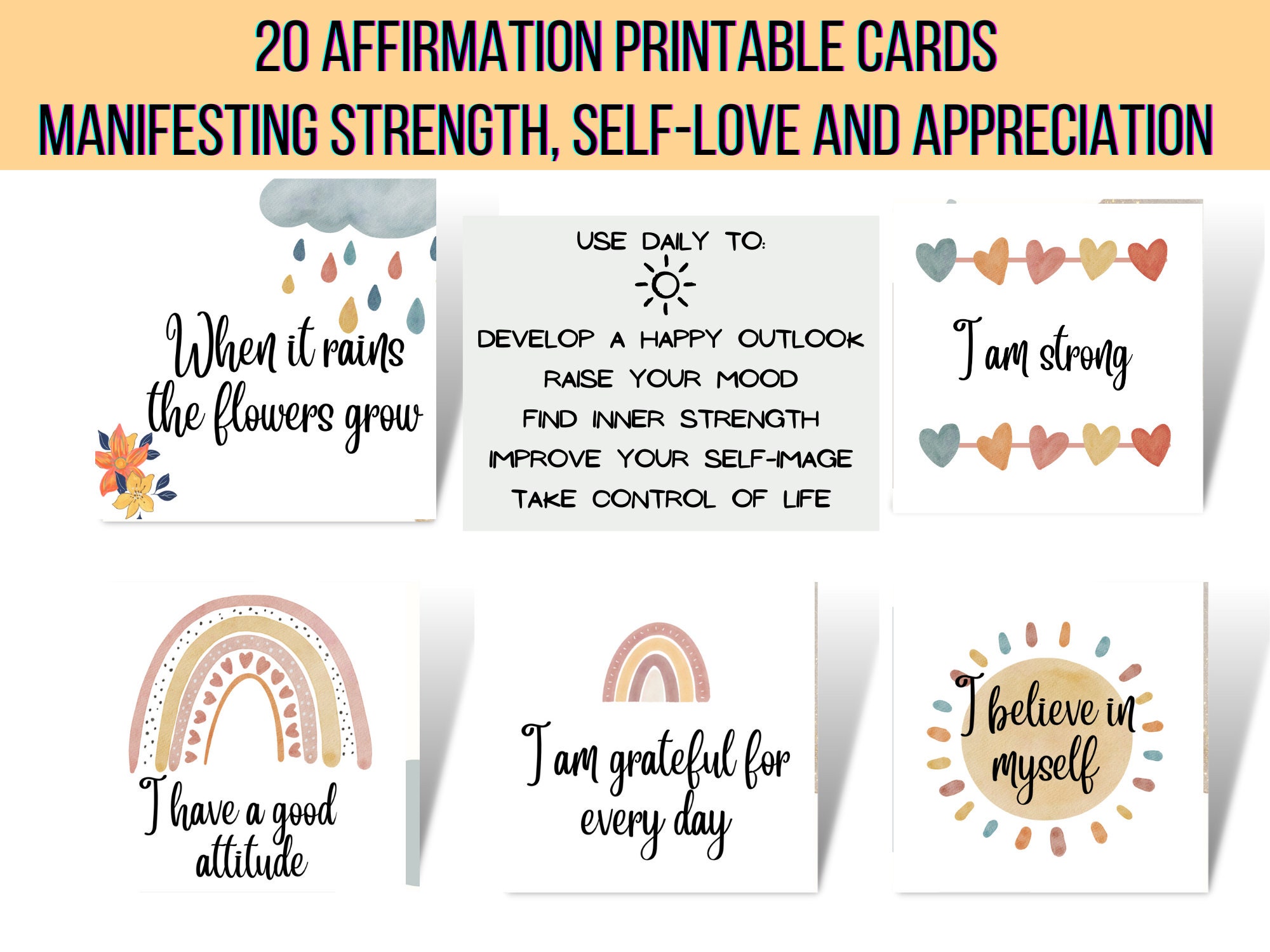 Affirmation Cards, Rainbow Neutral Tone Printable PDF Digital Download ...