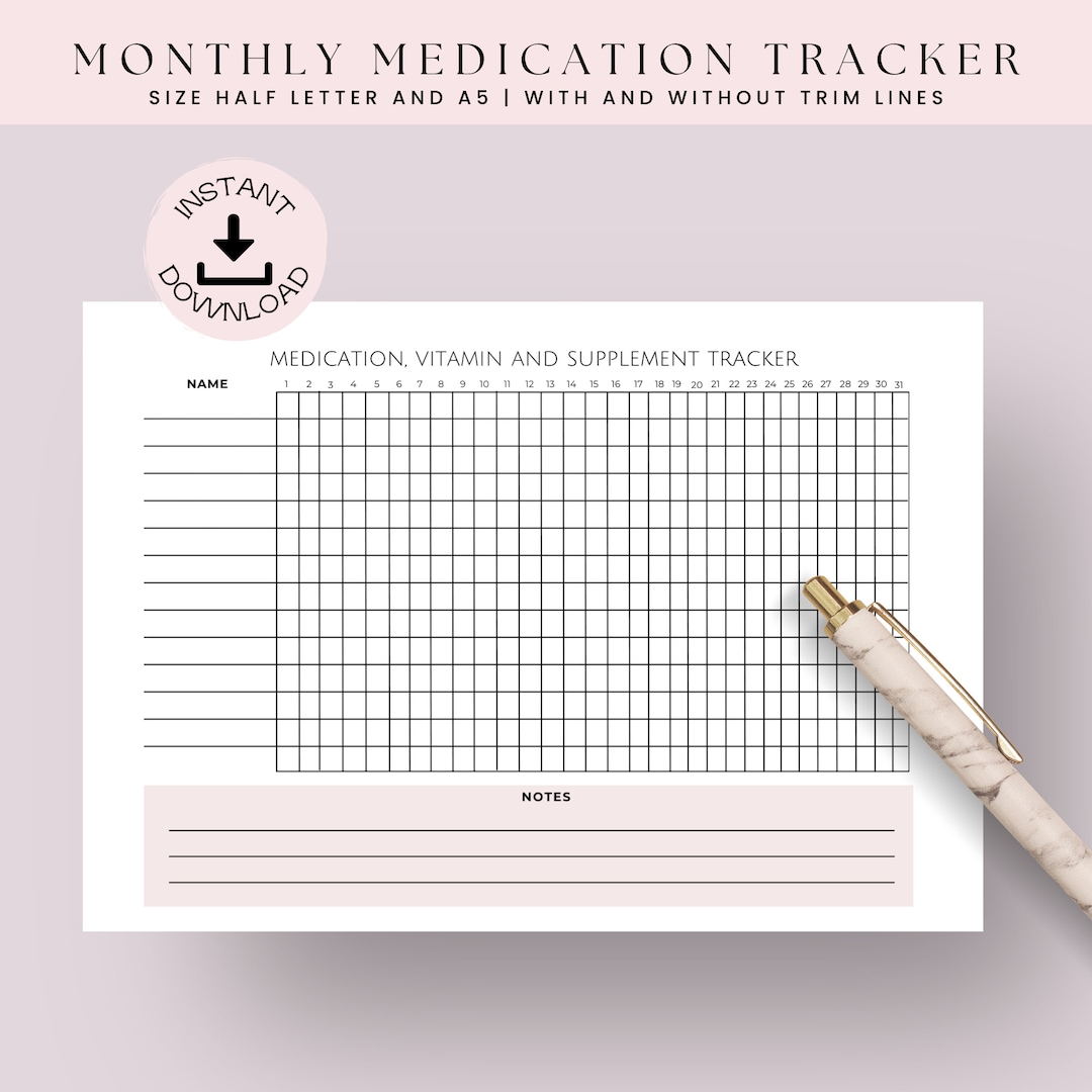 Monthly Medication Tracker, Printable Medication Log Sheet, Print at ...