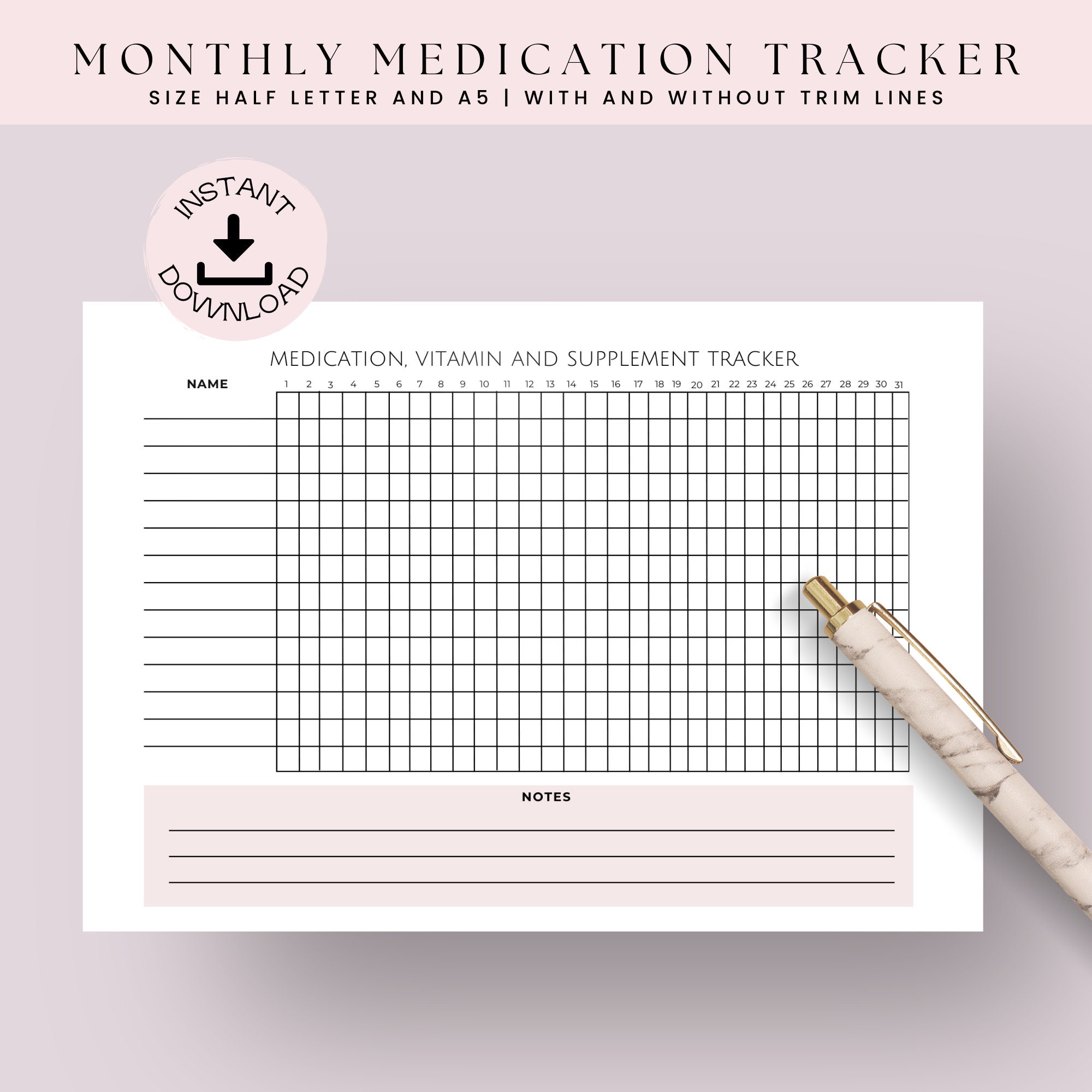 Monthly Medication Tracker, Printable Medication Log Sheet, Print at ...