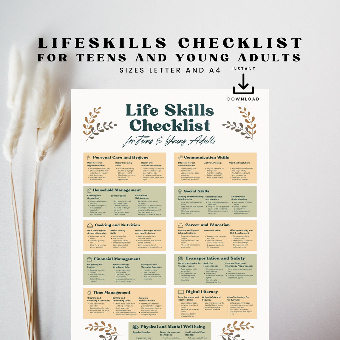 Life Skills Checklist for Parents, Teens and Young Adults, Printable Self-responsibility Chart ...