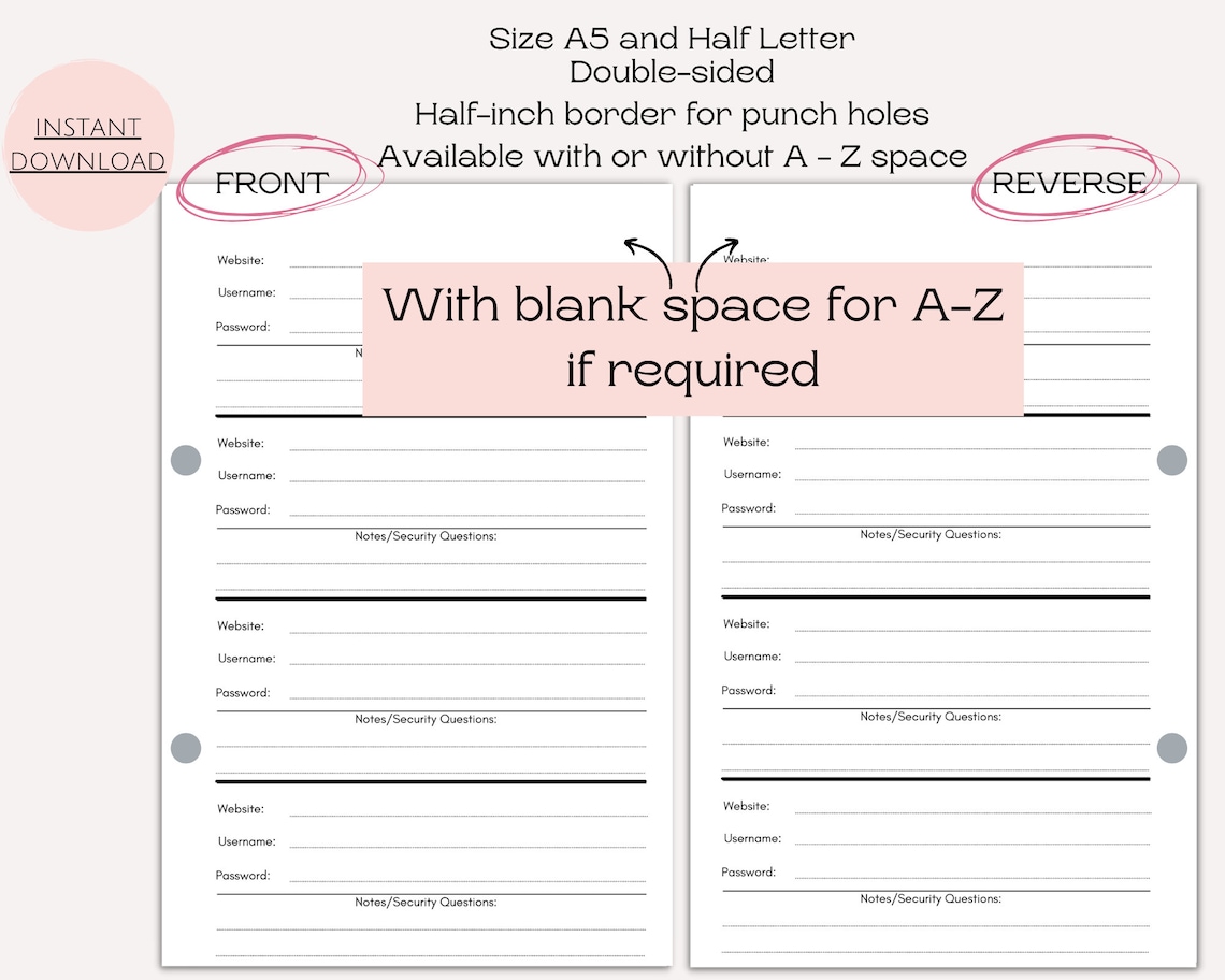 Printable Password Log, Password Keeper Planner Page Insert, Print at ...