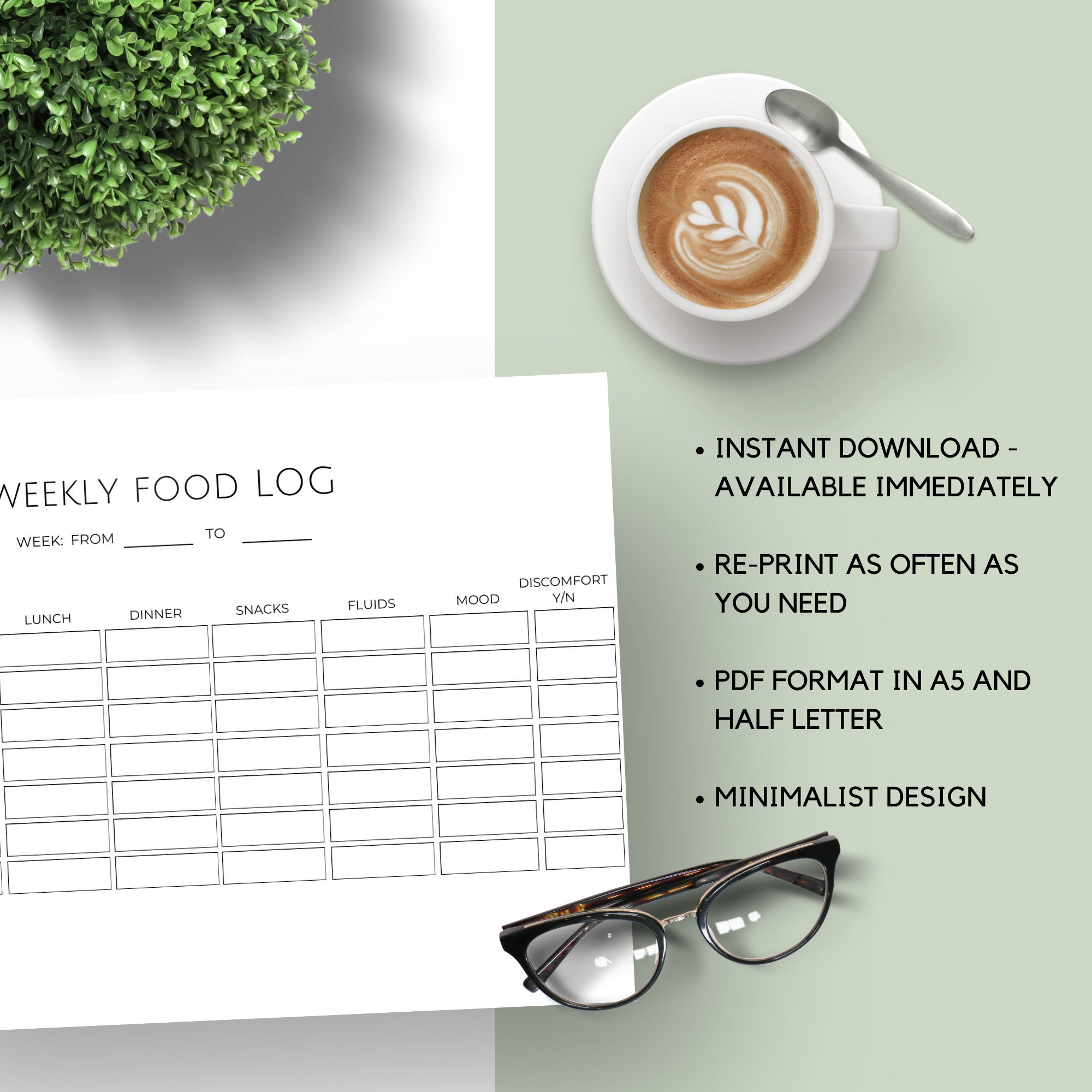 Food Log Sheet, Daily Food Journal, Food / Mood Tracker, Weekly Food ...