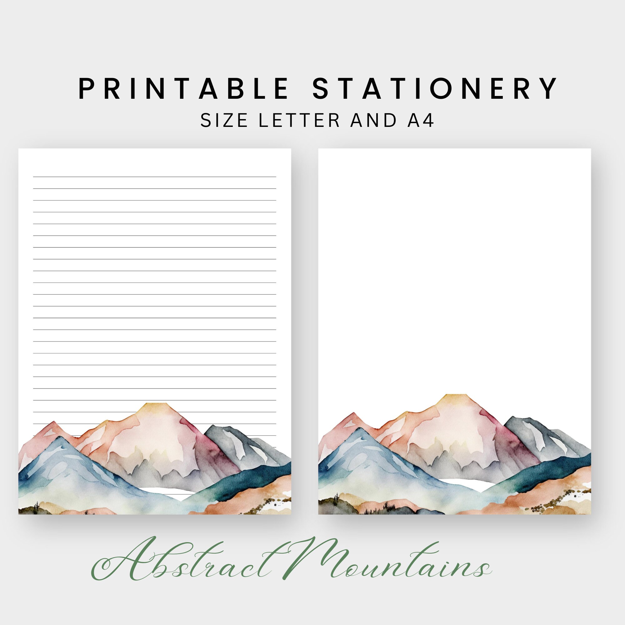 Printable Writing Paper Set, Stationery Printable, Paper Set, Hills and ...
