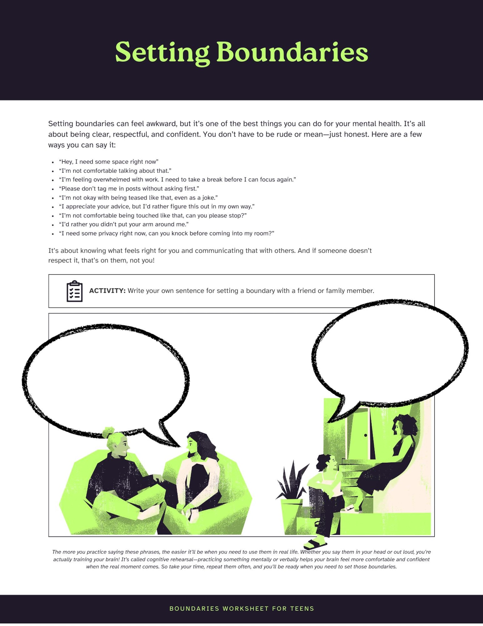 Boundaries Awareness Activity Worksheet for Teenagers, Life Skills ...