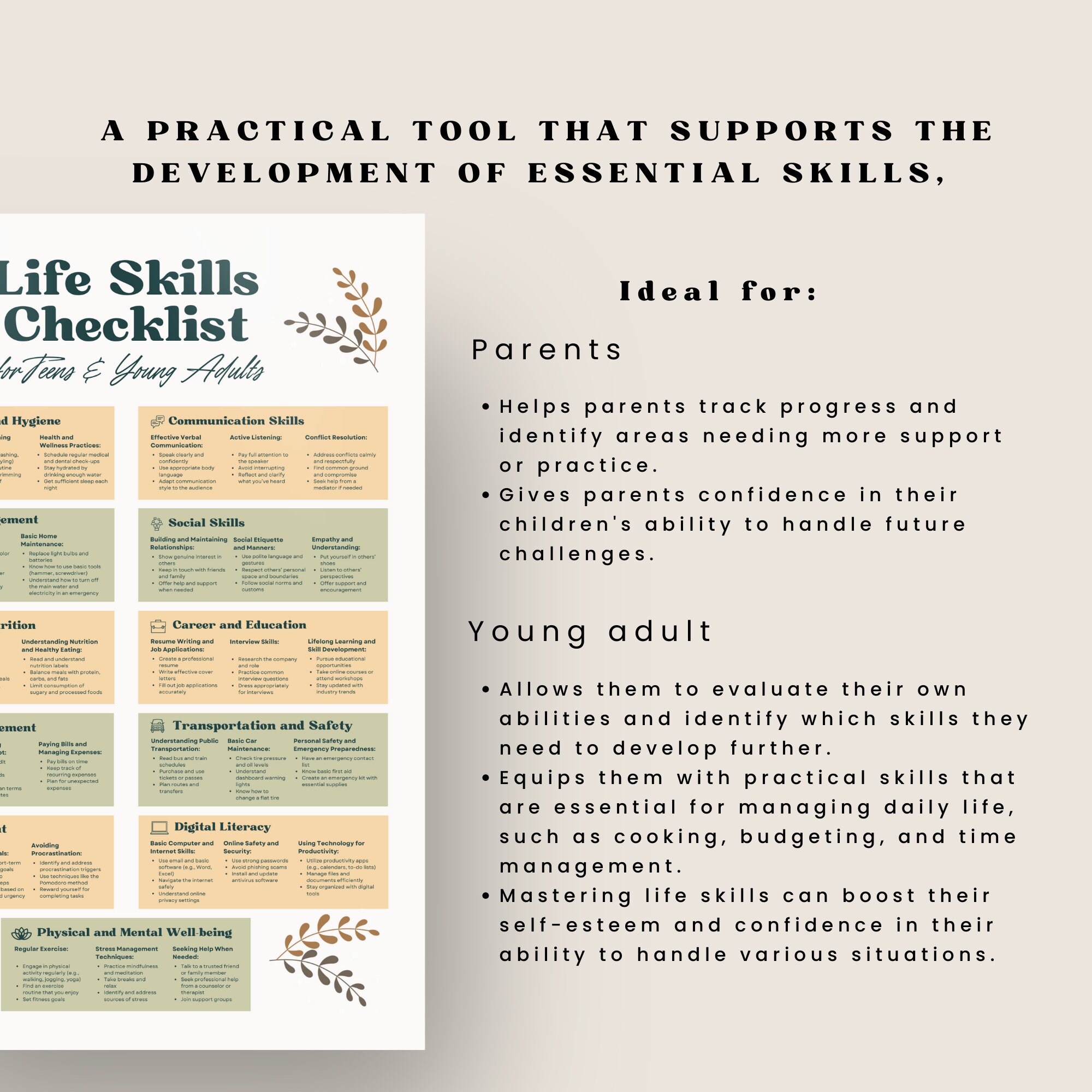 Life Skills Checklist for Parents, Teens and Young Adults, Printable ...