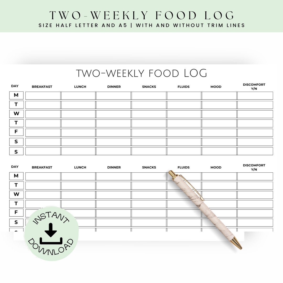 Food Log Sheet, Daily Food Journal, Food Tracker, Weekly Food Planner ...