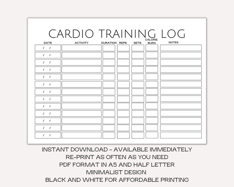 Printable Cardio Tracker, Double-sided Gym Fitness Log Sheet, Workout ...