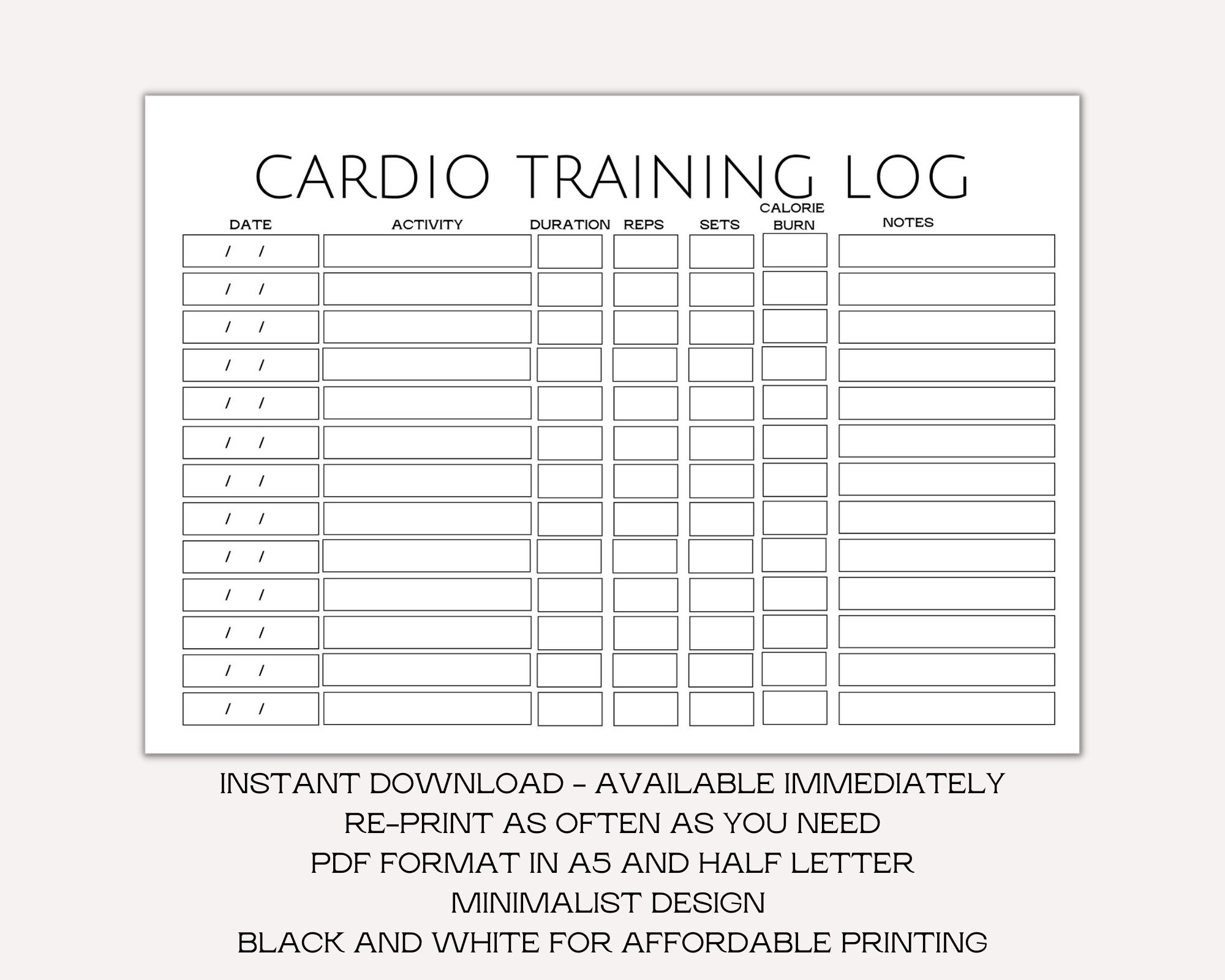 Printable Cardio Tracker, Double-sided Gym Fitness Log Sheet, Workout ...