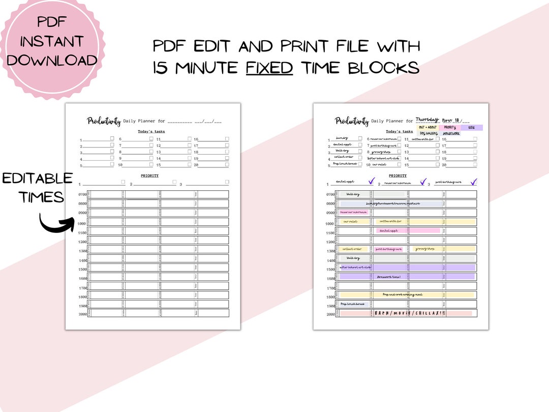 Daily TIME BLOCK PLANNING Sheet, Editable Template, Printable ...