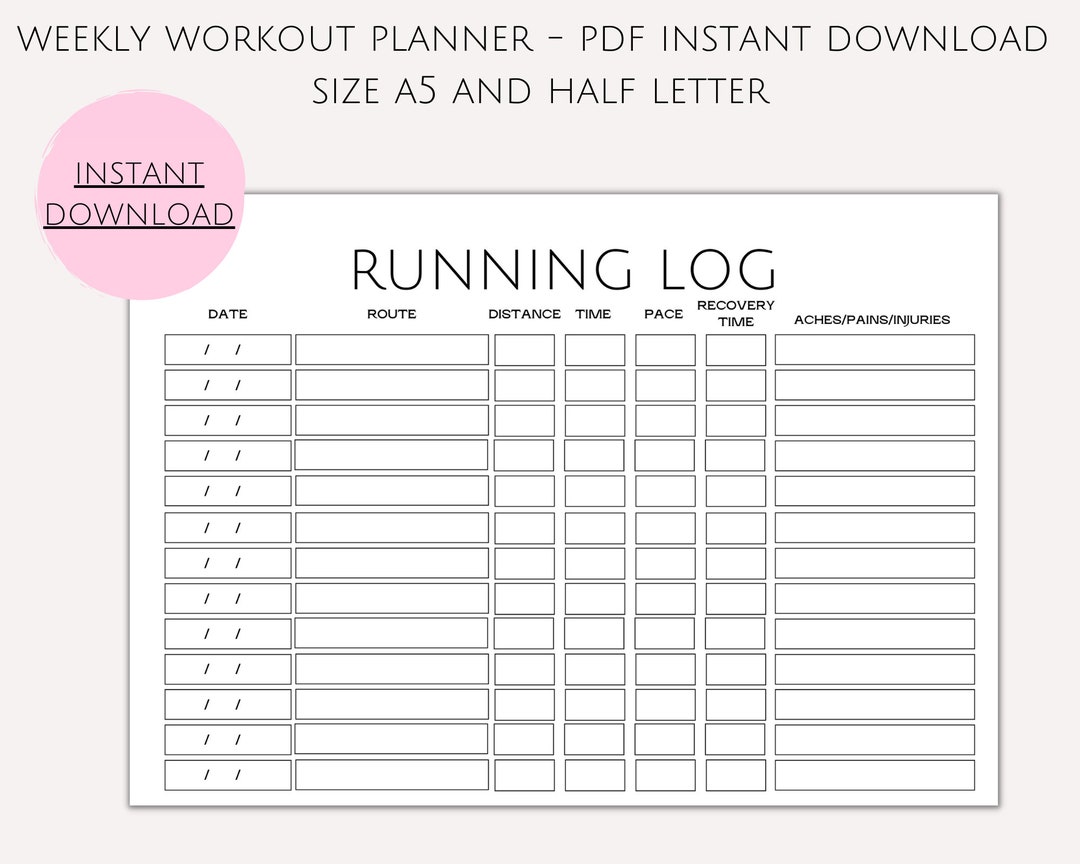 Running Log, Running Printable, Double-sided Exercise Tracker, Instant ...