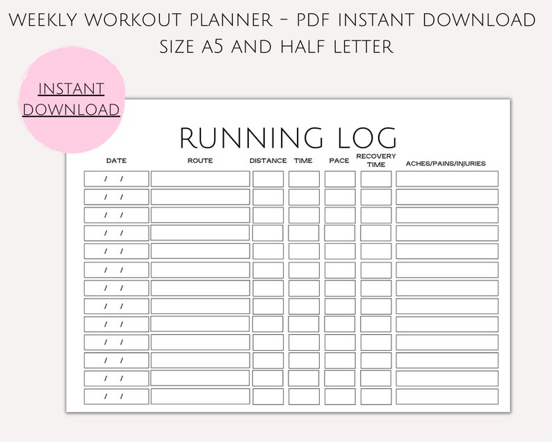 Running Log, Running Printable, Double-sided Exercise Tracker, Instant ...