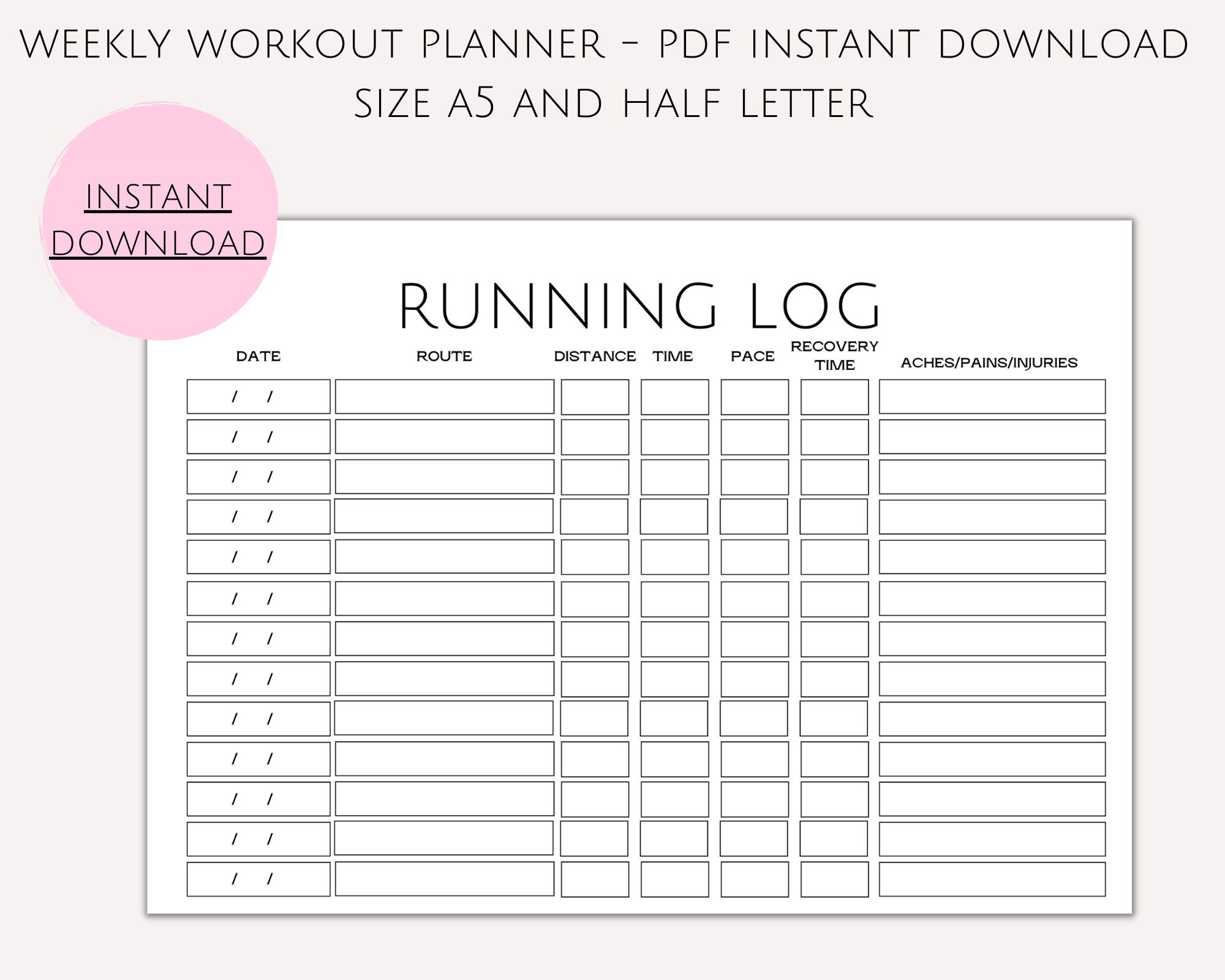 Running Log, Running Printable, Double-sided Exercise Tracker, Instant ...