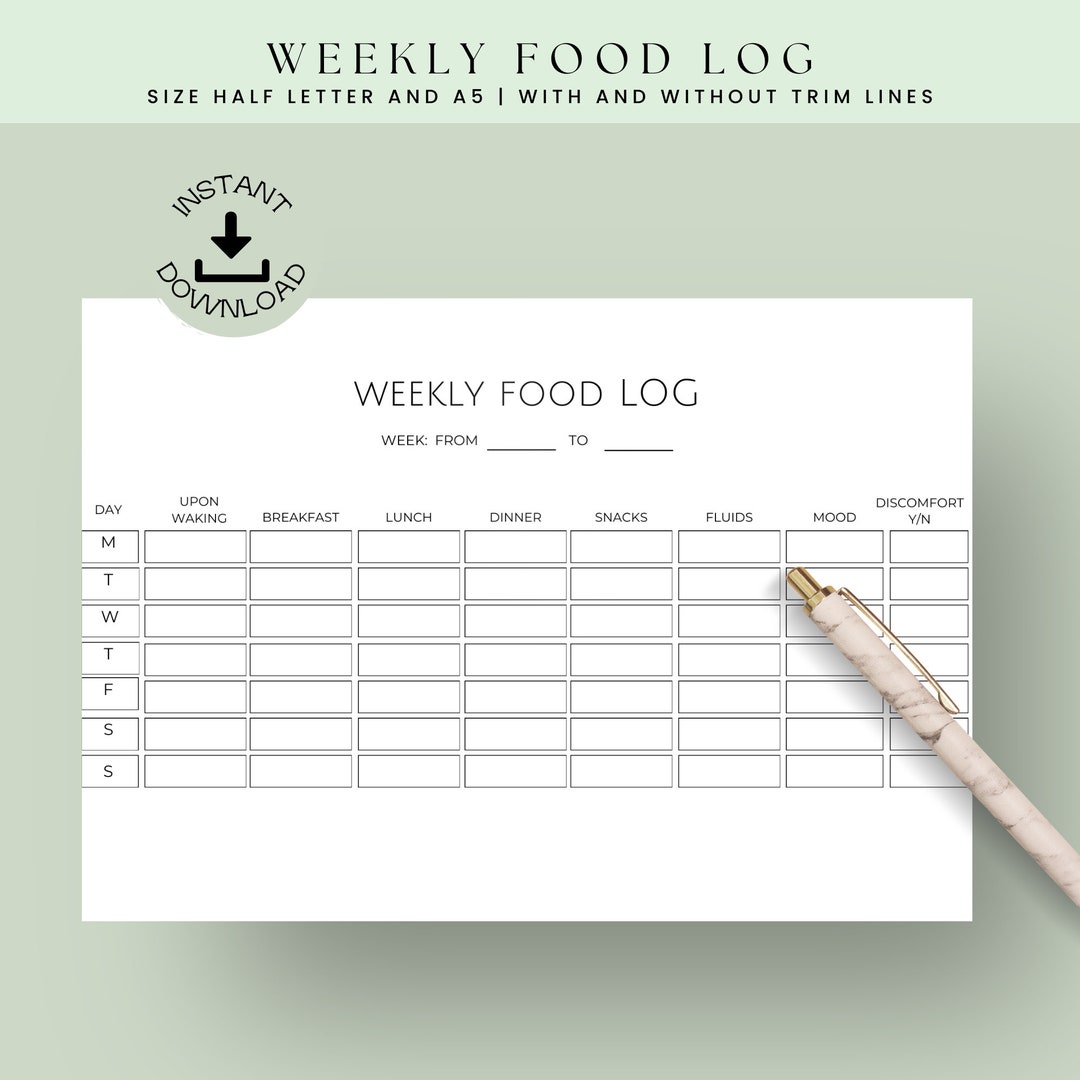 Food Log Sheet, Daily Food Journal, Food / Mood Tracker, Weekly Food ...