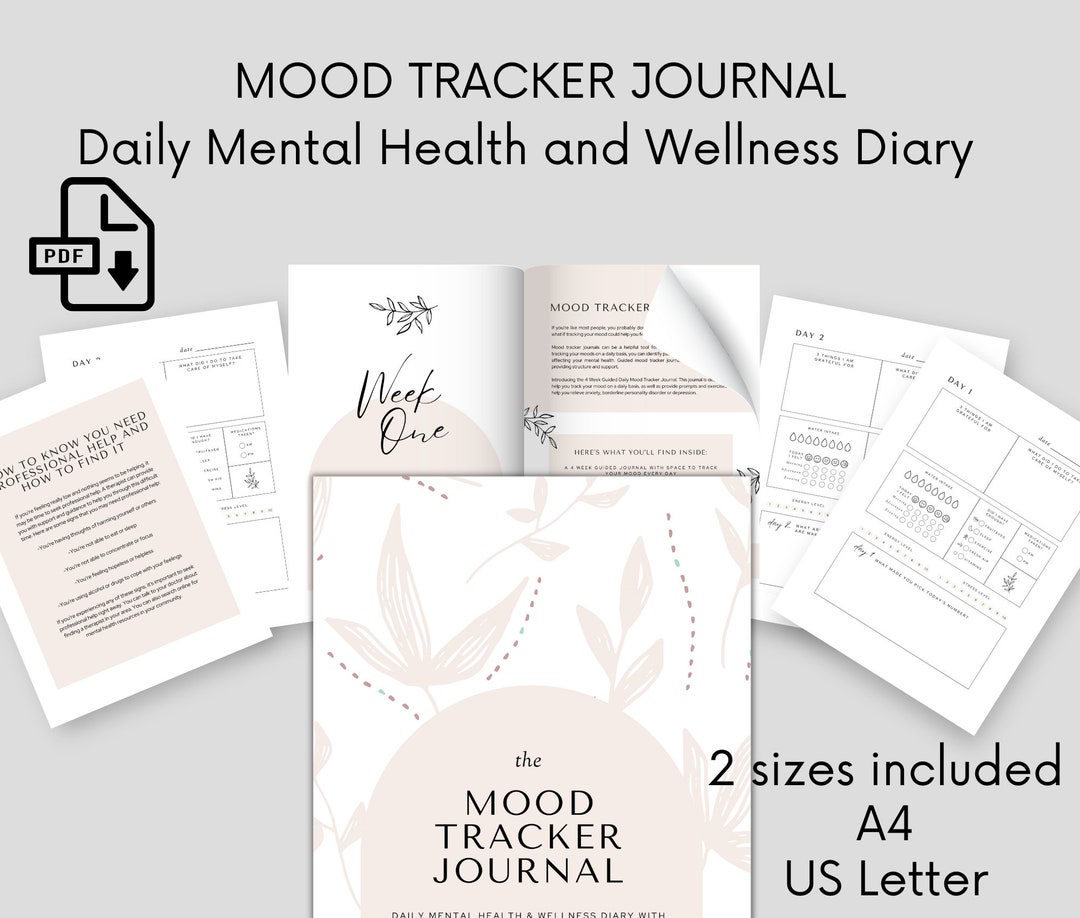 Mood Tracker Journal Printable, Self-care Diary, Mental Health Workbook ...
