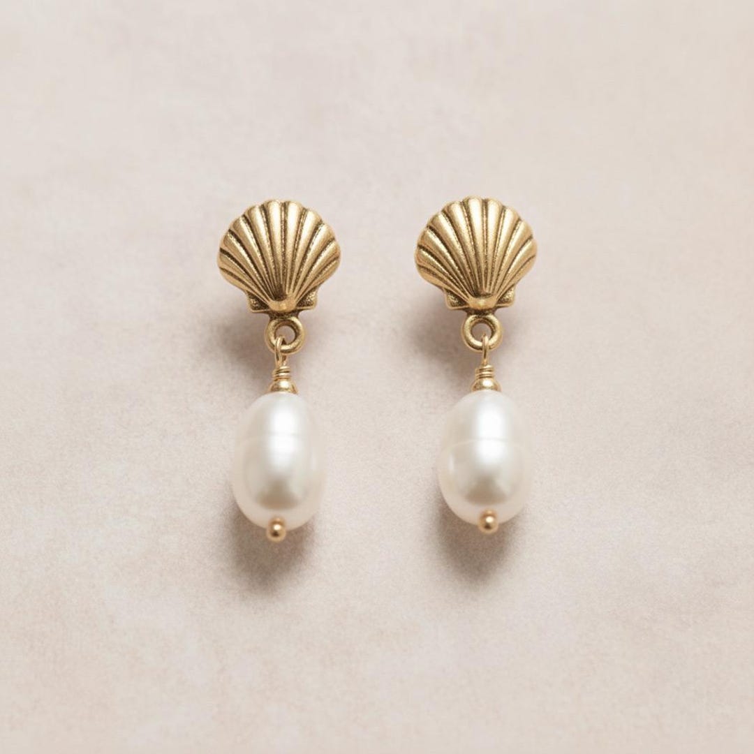 Pearl Drop Shell Stud Earrings • 14k Gold Filled or Sterling Silver ...