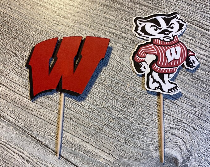Set of 12 University of Wisconsin Badgers Logo College Cupcake Toppers ...