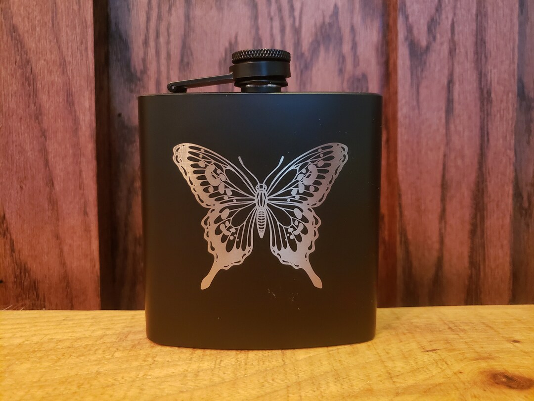 Butterfly Laser Engraved Flask- 6 Oz Matte Black Stainless Steel - Etsy