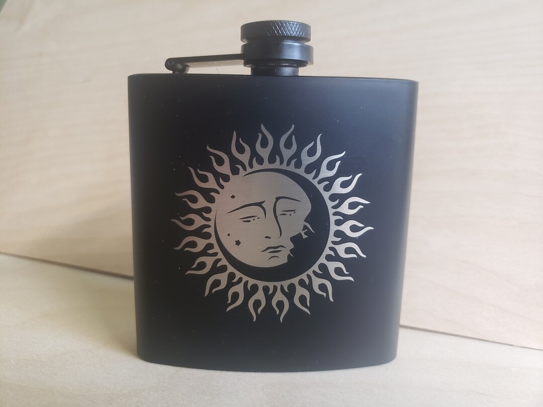 Moon & Sun Flames Laser Engraved Flask 6 Oz Matte Black Stainless Steel ...