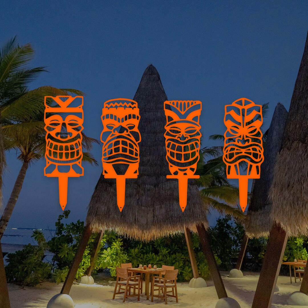 Tiki Set of 4 Yard Stakes - 4 Tiki Set - Island Gift - Metal Home Decor ...