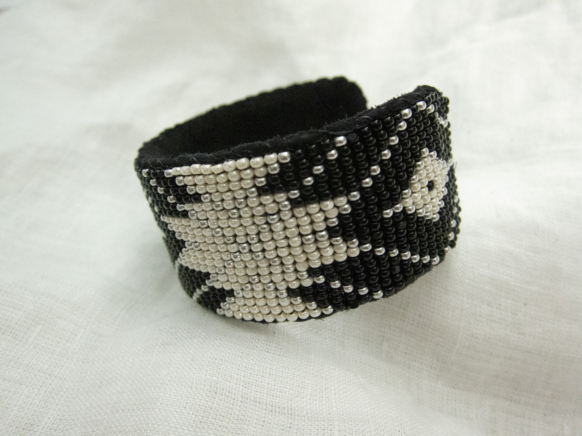 Handmade Beaded Cuff Bracelet - Pearl, Black & Silver - Etsy