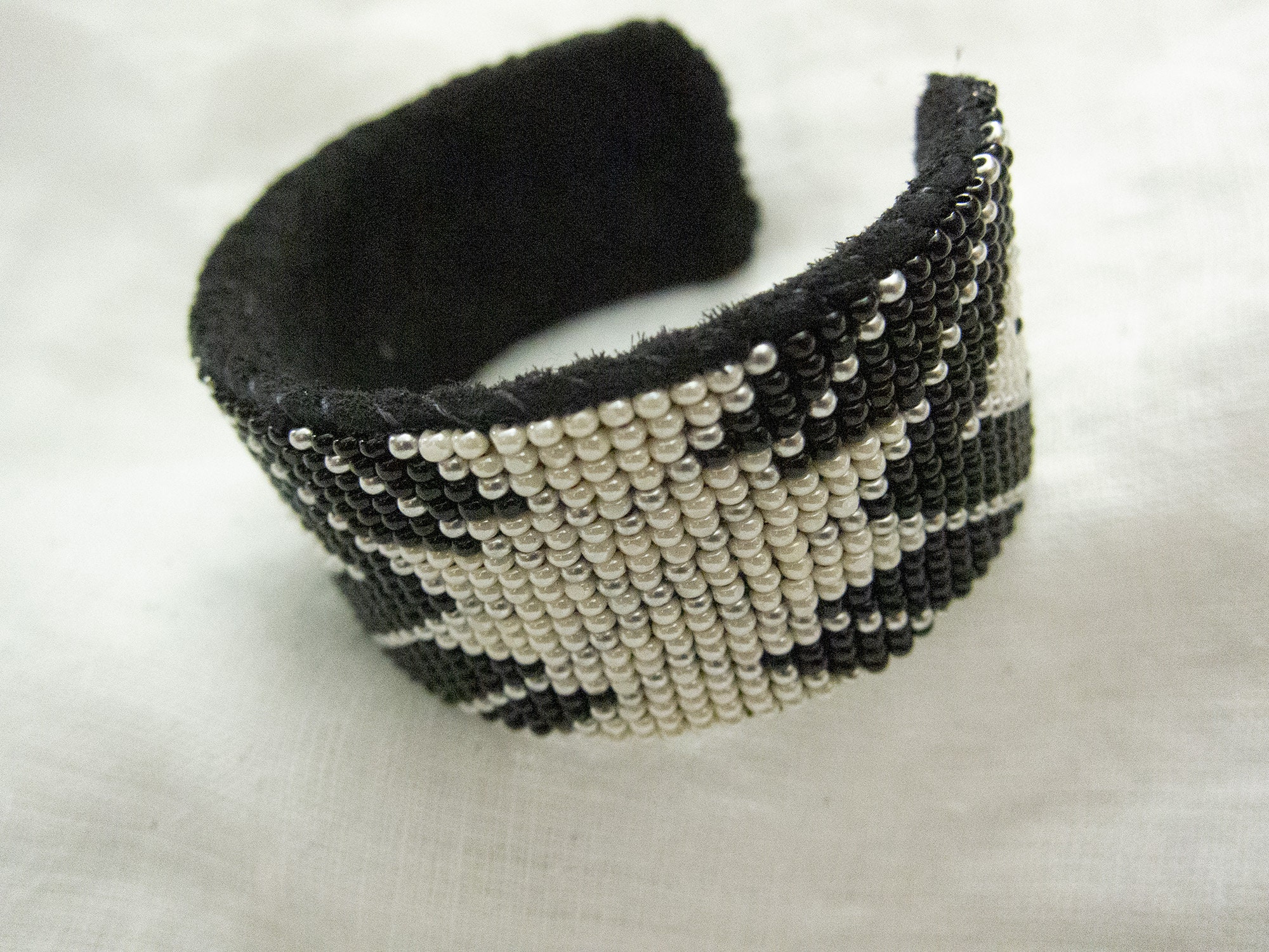 Handmade Beaded Cuff Bracelet - Pearl, Black & Silver - Etsy