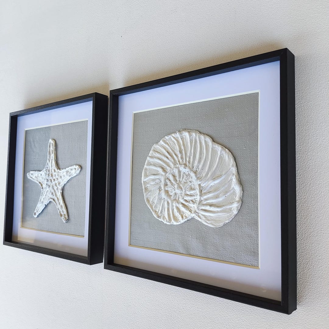 Embossed Ammonite and Starfish Wall Art, Shiny White and Silver ...