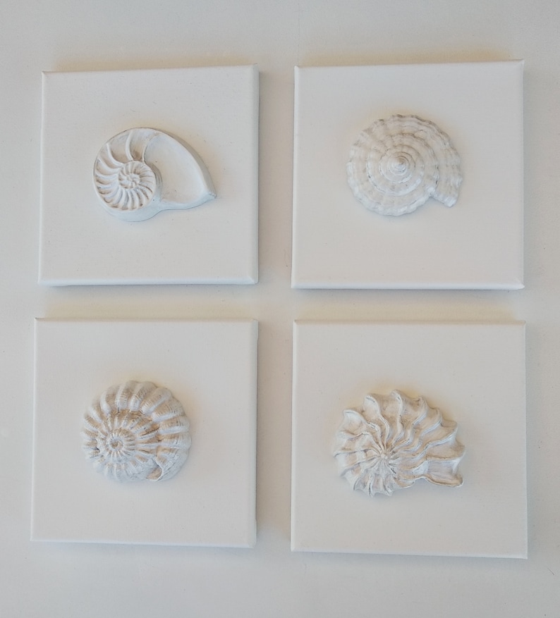 White Sea Shell Canvas Wall Art Set of 4 Coastal Seashells - Etsy