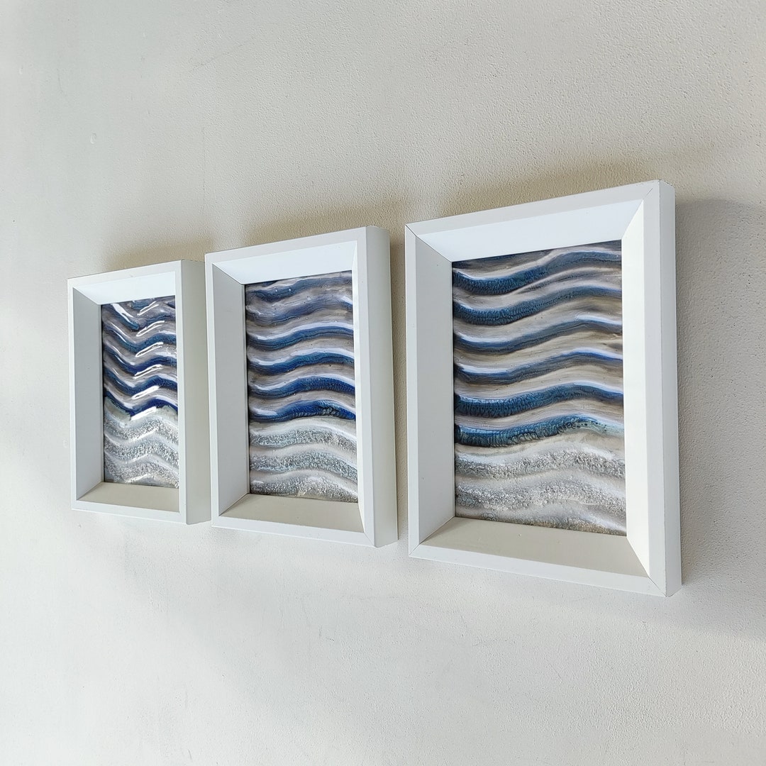 Textured Ocean Wave Paintings Set of 3, Original Embossed Plaster Lines ...