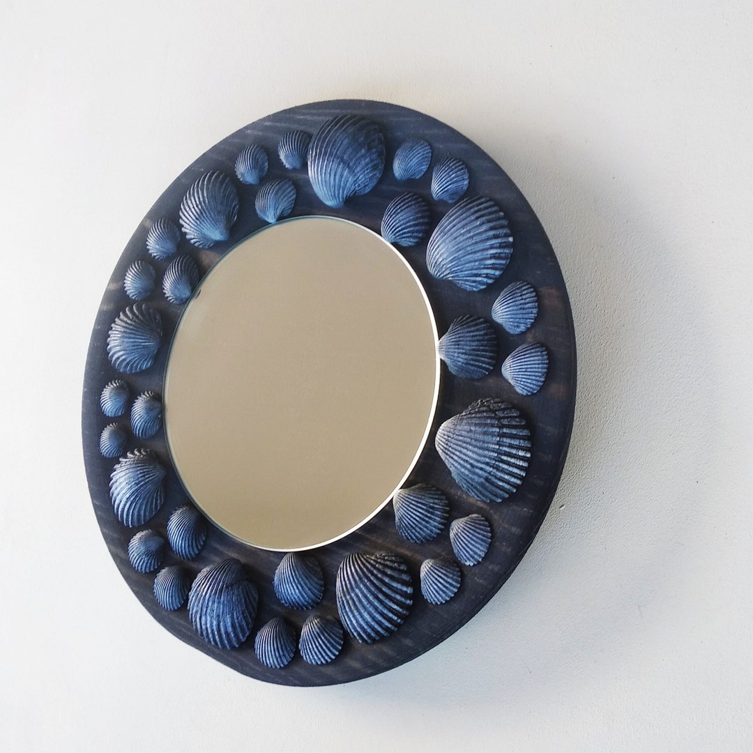 Round Decorative Mirror With Sea Shells, Navy Blue Nautical Mirror ...