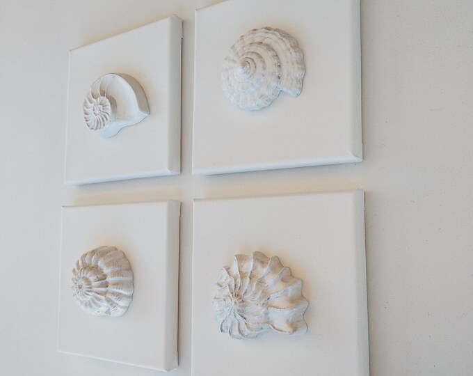 White Sea Shell Canvas Wall Art, Set of 4 Coastal Seashells Paintings ...