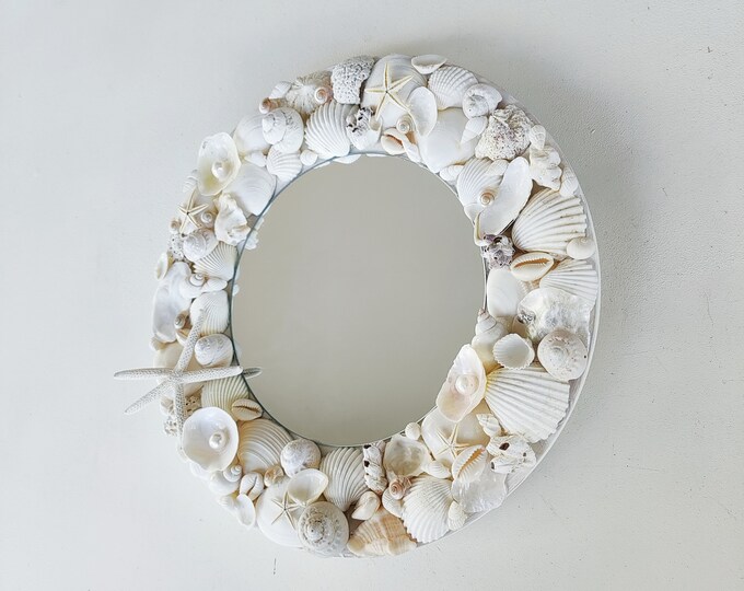 Shell Mirror, Round Seashell Mirror, White Shells Decoration, Beach ...