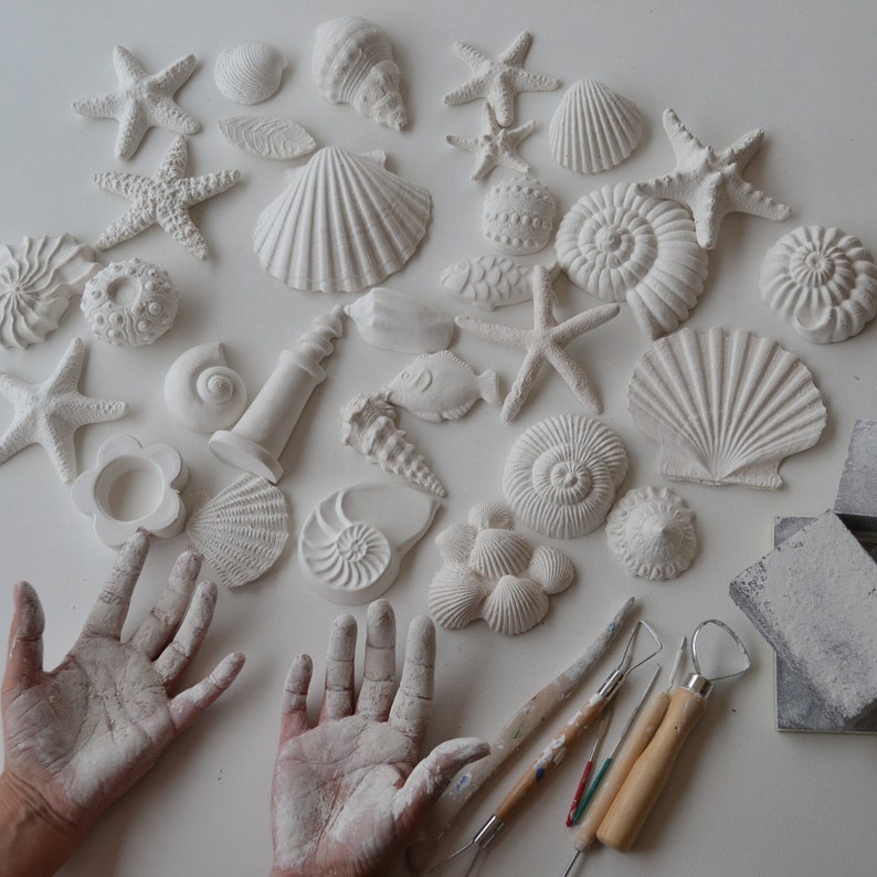 Sea Shell Sculpture Paintings, Plaster Art on Burlap Fabric, Beach ...