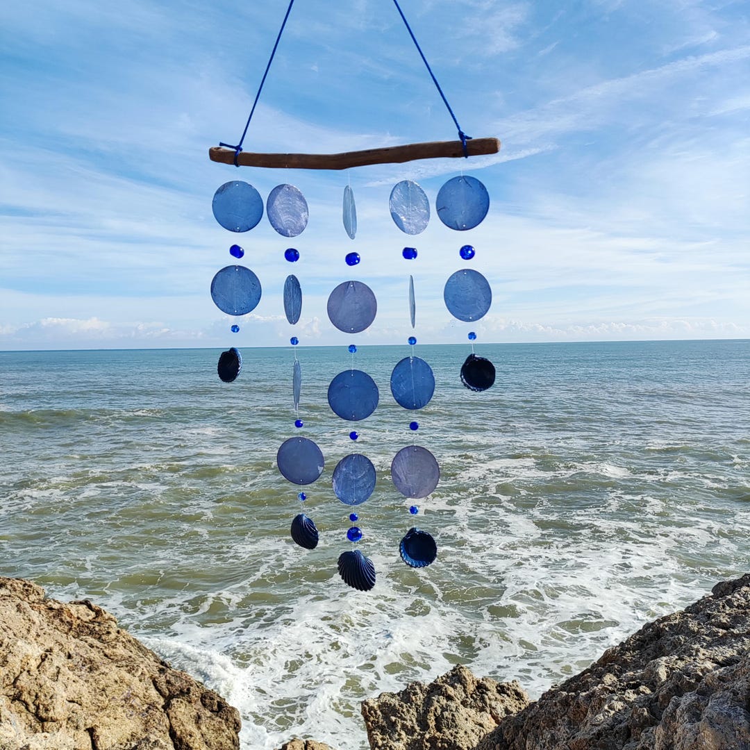 Blue Capiz Shell and Glass Pearls Wind Chime, Nautical Home Mobile ...