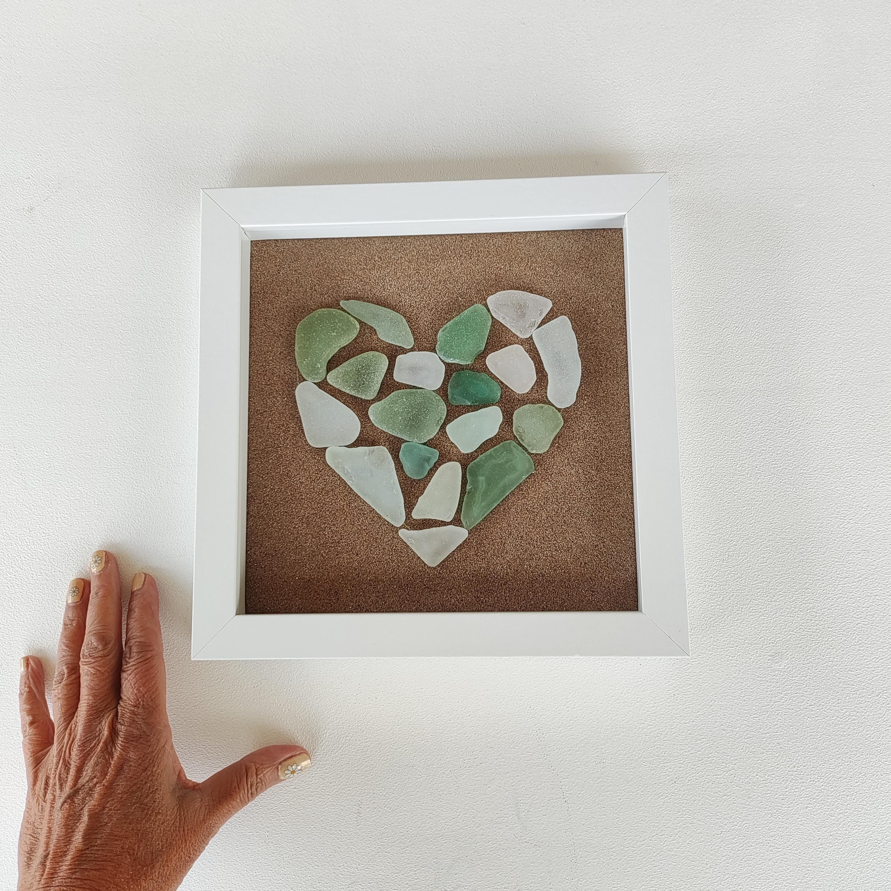 Sea Glass Heart Painting, Framed Beachglass Art, Coastal Wall Decor ...