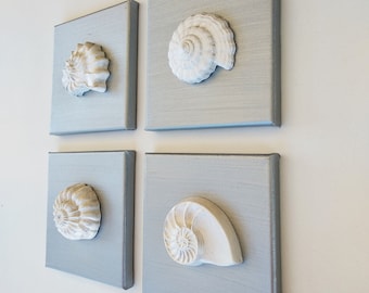 White Sea Shell Canvas Wall Art, Set of 4 Coastal Seashells Paintings ...