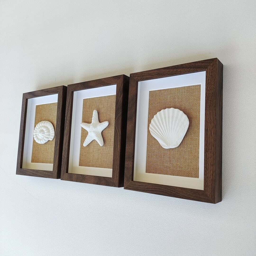 Modern Paintings With Sea Shells on Burlap Fabric, Rustic Beach Wall ...