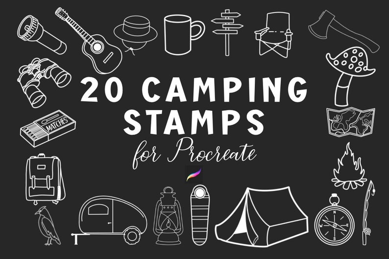 20 Camping Procreate Stamp Set Outdoor Hiking Outdoorsy Fishing Fire ...