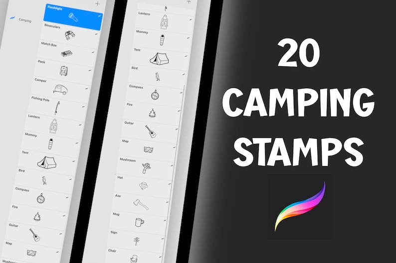 20 Camping Procreate Stamp Set Outdoor Hiking Outdoorsy Fishing Fire ...