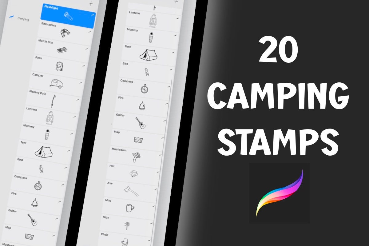20 Camping Procreate Stamp Set Outdoor Hiking Outdoorsy Fishing Fire ...